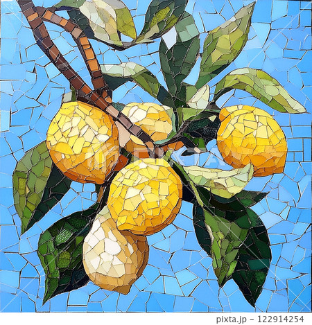A mosaic of a lemon tree with four lemons on a...のイラスト素材 [122914254 ...