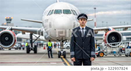 A pilot is confidently standing in front of an...のイラスト素材 [122937824 ...