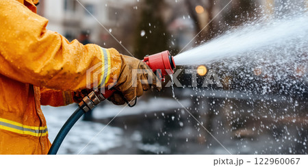 Firefighter gripping high pressure water hose,...のイラスト素材 [122960067 ...