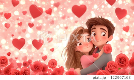 Adorable animated couple hugging with blushing...のイラスト素材 [122967168 ...