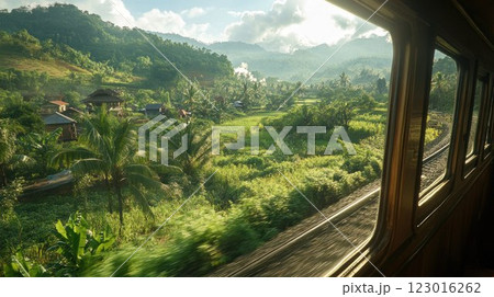 Scenic view from a train window in a lush...のイラスト素材 [123016262] - PIXTA