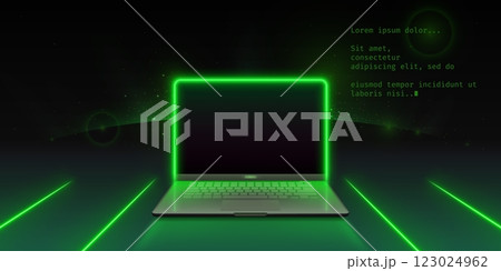 3d green neon laptop screen dark digital mockupのイラスト素材 [123024962] - PIXTA