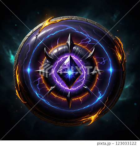 A dark, circular shield with a glowing blue...のイラスト素材 [123033122] - PIXTA