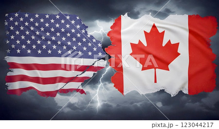 Torn US and Canada Flags with Lightning in the...のイラスト素材 [123044217 ...