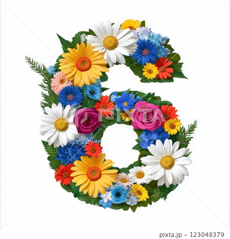 Floral number six design with colorful flowers...のイラスト素材 [123048379 ...