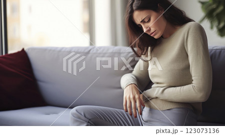 Feigning Pain: Adult Woman Pretends Stomach...のイラスト素材 [123073136] - PIXTA