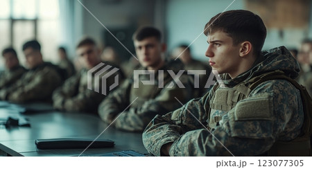 Military trainees in full combat gear seated in...のイラスト素材 [123077305 ...