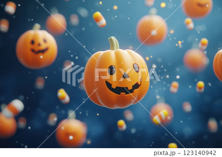 Floating cartoon pumpkins and candy making for...のイラスト素材 [123140942 ...