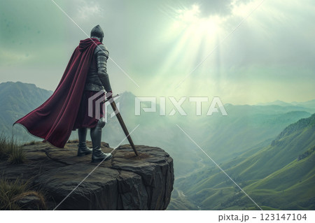Medieval knight standing on a cliff with sword....のイラスト素材 [123147104 ...
