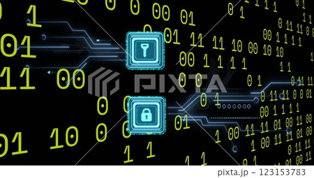 Image of key, padlock icons, binary coding over...のイラスト素材 [123153783] - PIXTA