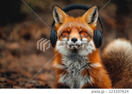 Red fox listening to music with headphones in...のイラスト素材 [123207624] - PIXTA