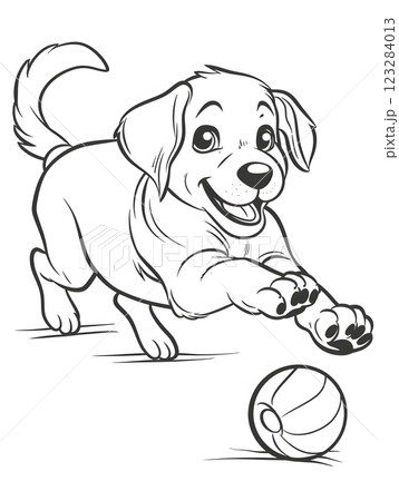 Cartoon dog chasing ball in black and white...のイラスト素材 [123284013] - PIXTA