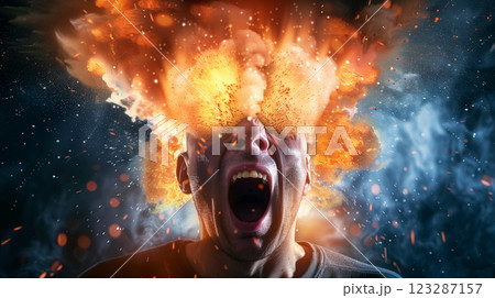 Man's head exploding with fiery visual effect.のイラスト素材 [123287157] - PIXTA