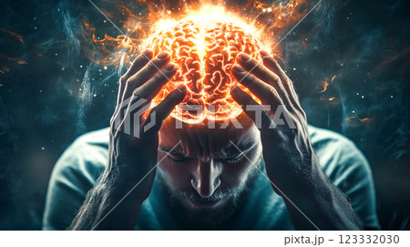 A man is depicted with his hands clutching his...のイラスト素材 [123332030 ...