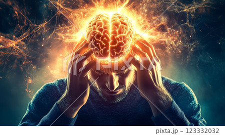 A man is depicted with his hands clutching his...のイラスト素材 [123332032 ...