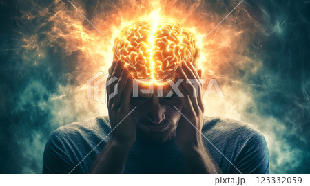 A man is depicted with his hands clutching his...のイラスト素材 [123332059 ...
