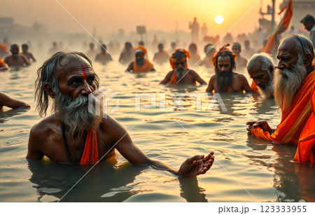Hindu holy men praying in the Ganges River. The...のイラスト素材 [123333955 ...
