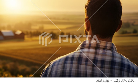 Contemplative Farmer Observing Rural Sunrise...のイラスト素材 [123376210] - PIXTA