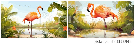 orange flamingo backgrounds cartoon. tropical...のイラスト素材 [123398946] - PIXTA