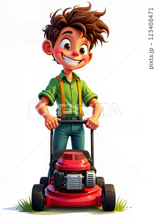 Gardener pushing mower.のイラスト素材 [123408471] - PIXTA