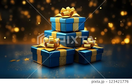 A Stack of Blue and Gold Gift Boxes. Gift...のイラスト素材 [123421776] - PIXTA