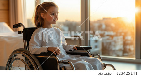 young girl in wheelchair, smiling softly in...のイラスト素材 [123425141] - PIXTA