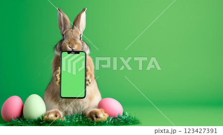 Adorable easter bunny with phone surrounded by...のイラスト素材 [123427391 ...