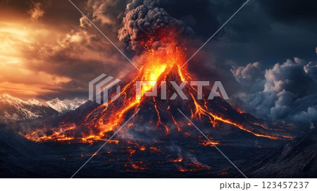 A volcano with a large fire spewing out of itのイラスト素材 [123457237] - PIXTA