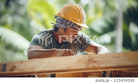 Pacific Islander construction worker focusing...のイラスト素材 [123459193] - PIXTA