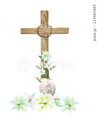 Wooden cross with crown of thorns, white lilies...のイラスト素材 [123462985] - PIXTA