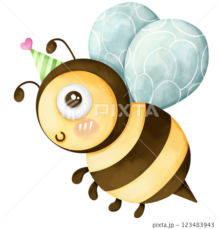 Cute little bee cartoon on birthday theme, hand...のイラスト素材 [123483943 ...