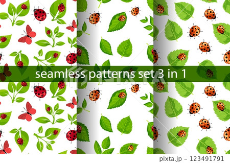 Seamless vector patterns featuring ladybugs,...のイラスト素材 [123491791] - PIXTA
