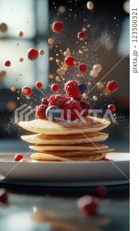 Floating Pancakes with Berries and Powdered Sugarのイラスト素材 [123500321 ...