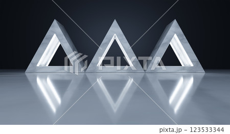 Three glowing triangles standing on reflective...のイラスト素材 [123533344 ...