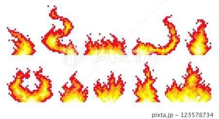 Pixel fire flames. 8 bit bonfire icons, retro...のイラスト素材 [123578734] - PIXTA