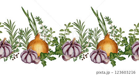 Seamless border with onions, garlic and herbsのイラスト素材 [123603216] - PIXTA