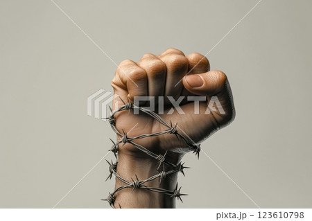 Clenched fist wrapped in barbed wire...のイラスト素材 [123610798] - PIXTA