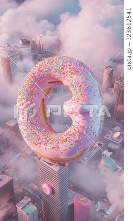 Giant donut number 3 floating over futuristic...のイラスト素材 [123612541] - PIXTA