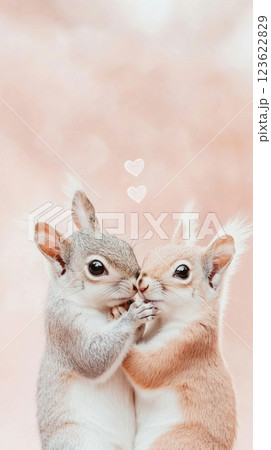Two squirrels hugging with heart shapes on pink...のイラスト素材 [123622829 ...