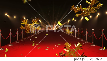 Image of christmas gold stars falling over red...のイラスト素材 [123636346 ...