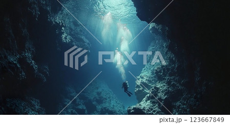 Cave diving, underwater diver with oxygen tanks...のイラスト素材 [123667849 ...
