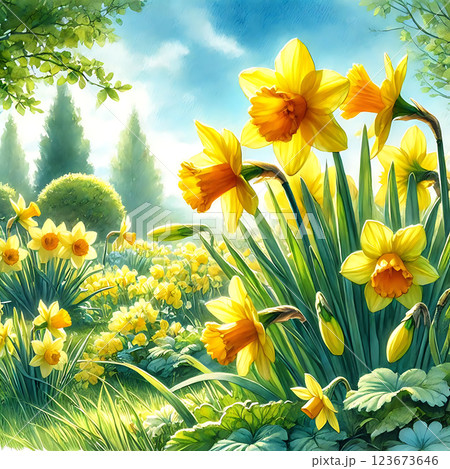 Bright yellow daffodils in full bloom under...のイラスト素材 [123673646] - PIXTA