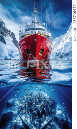 Red icebreaker ship in Antarctic waters with...のイラスト素材 [123746439] - PIXTA
