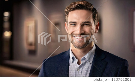 Museum employee smiles warmly in modern...のイラスト素材 [123791005] - PIXTA