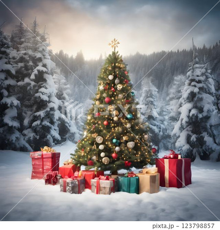 Winter Magic: Christmas Tree with Presents and...のイラスト素材 [123798857 ...