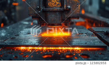 Molten metal pouring from industrial forge with...のイラスト素材 [123802858 ...