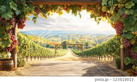 Vineyard entrance arch with scenic view of...のイラスト素材 [123818013] - PIXTA