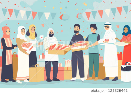 Volunteers and butchers donating meat and food...のイラスト素材 [123826441 ...