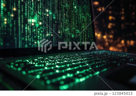 Laptop showing green matrix code in blurred...のイラスト素材 [123845013] - PIXTA