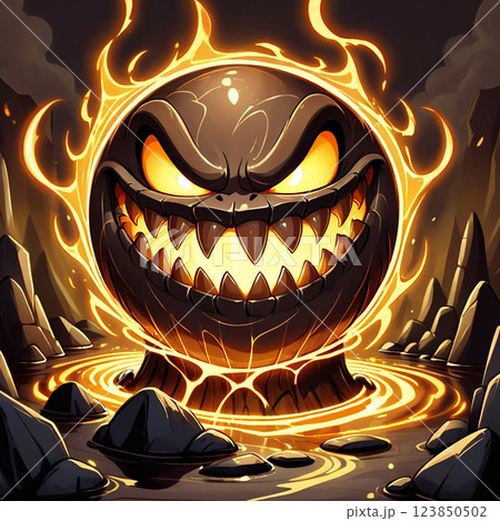 A dark, spherical demon with glowing yellow...のイラスト素材 [123850502] - PIXTA